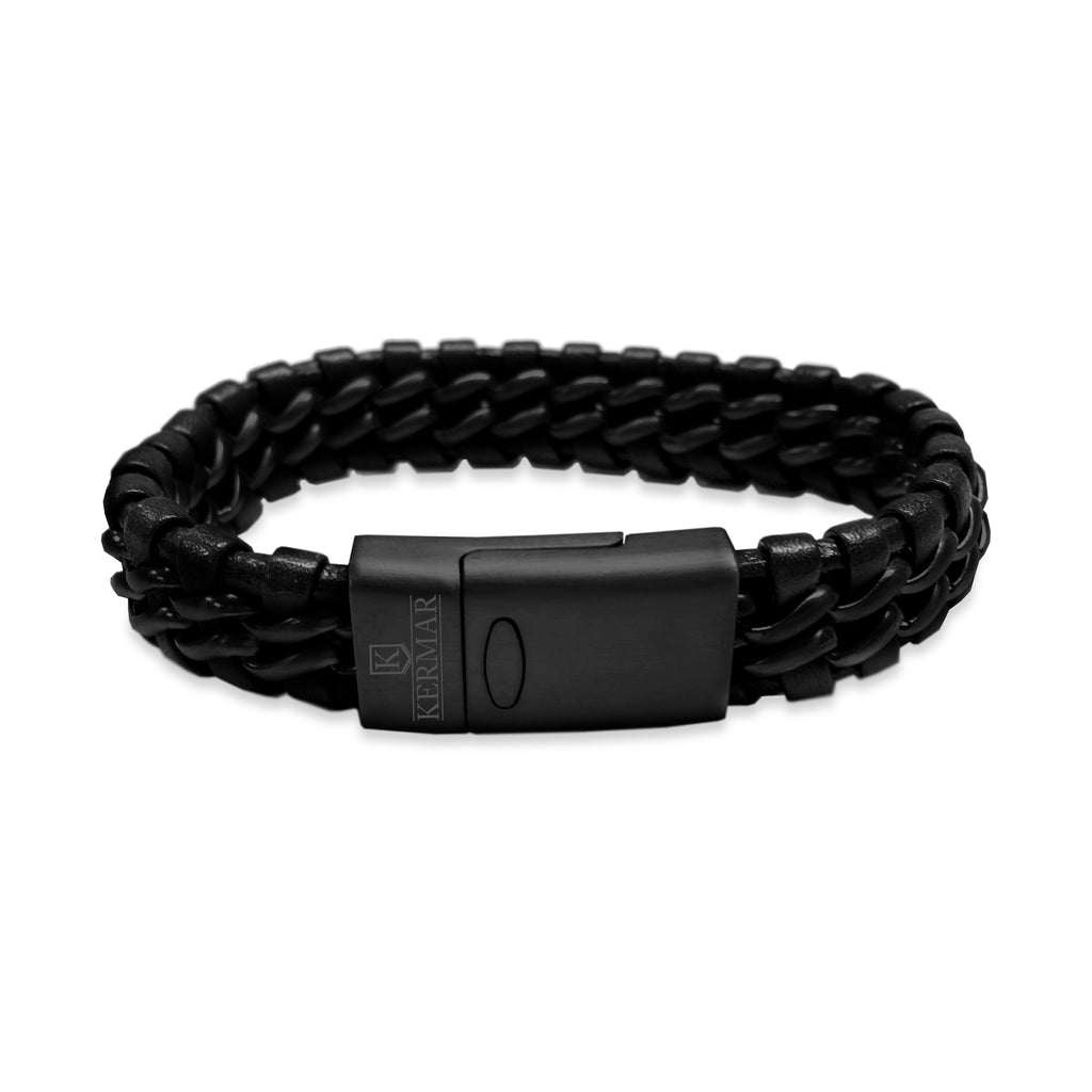 KERMAR Black Braided Leather and Stainless Steel Bracelet with Black S ...